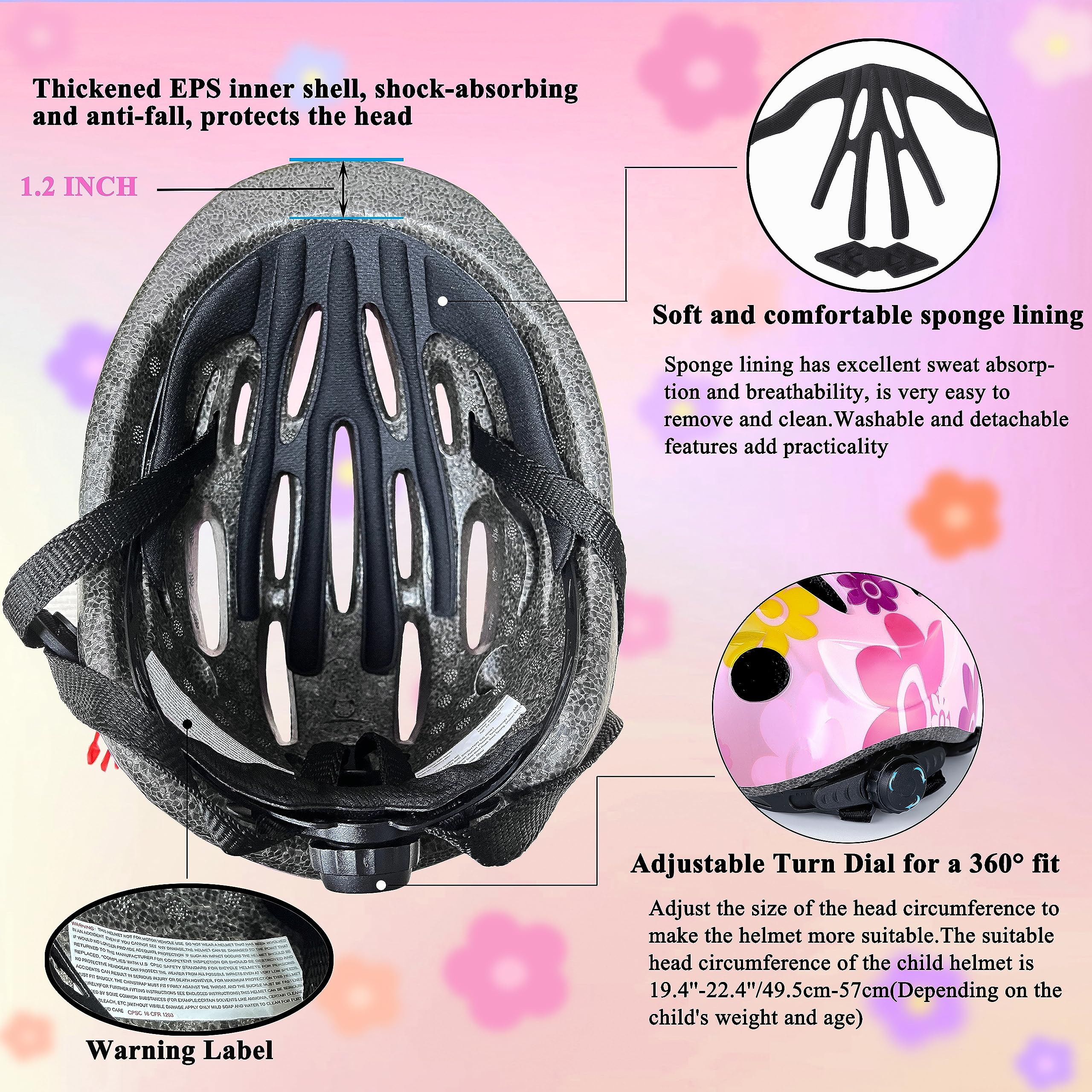 Lamsion Kids Helmet Adjustable with Sports Protective Gear Set Knee Elbow Wrist Pads for Toddler Ages 3 to 8 Years Old Boys Girls Cycling Skating Scooter Helmet-(Pink Sun Flower)