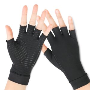 Tikaton Arthritis Compression Gloves for Women and Men, Copper Infused Fingerless Glove for Carpal Tunnel, Hand Pain, Computer Typing (Black, Small)