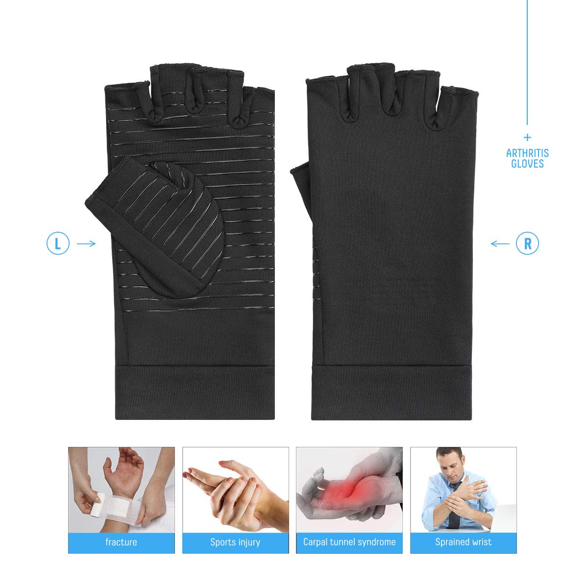 Tikaton Arthritis Compression Gloves for Women and Men, Copper Infused Fingerless Glove for Carpal Tunnel, Hand Pain, Computer Typing (Black, Small)