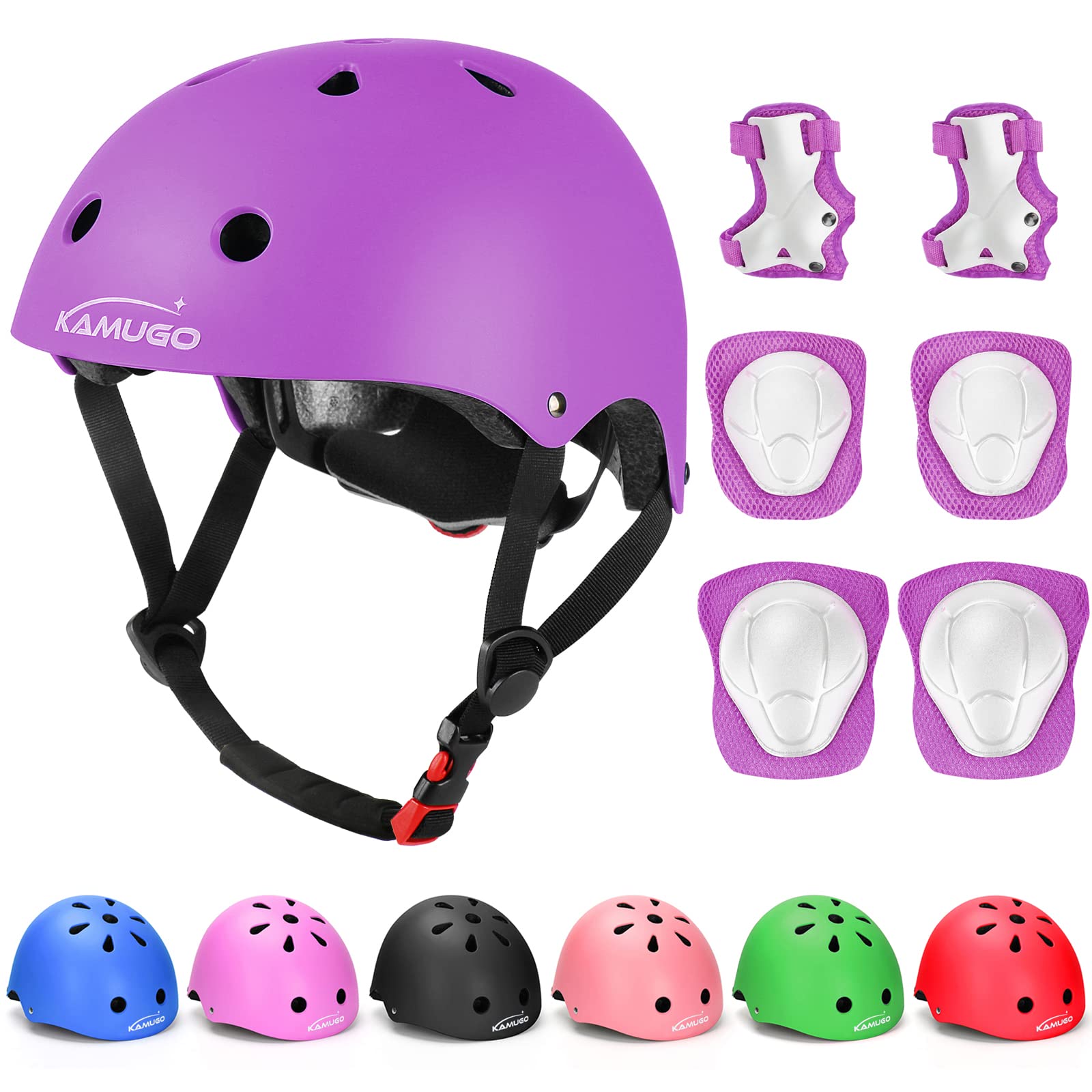 KAMUGO Kids Adjustable Helmet, with Sports Protective Gear Set Knee Elbow Wrist Pads for Toddler Age 3-8 Boys Girls, Bike Skateboard Hoverboard Scooter Rollerblading Helmet Set (Purple)