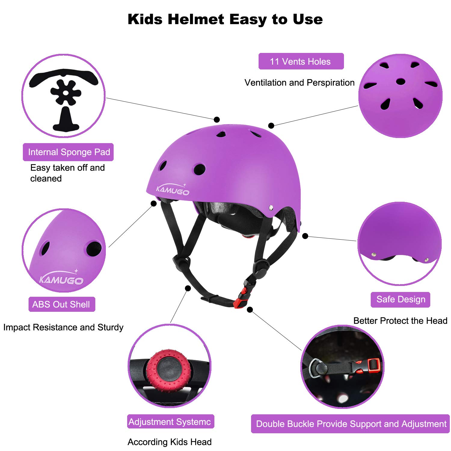 KAMUGO Kids Adjustable Helmet, with Sports Protective Gear Set Knee Elbow Wrist Pads for Toddler Age 3-8 Boys Girls, Bike Skateboard Hoverboard Scooter Rollerblading Helmet Set (Purple)