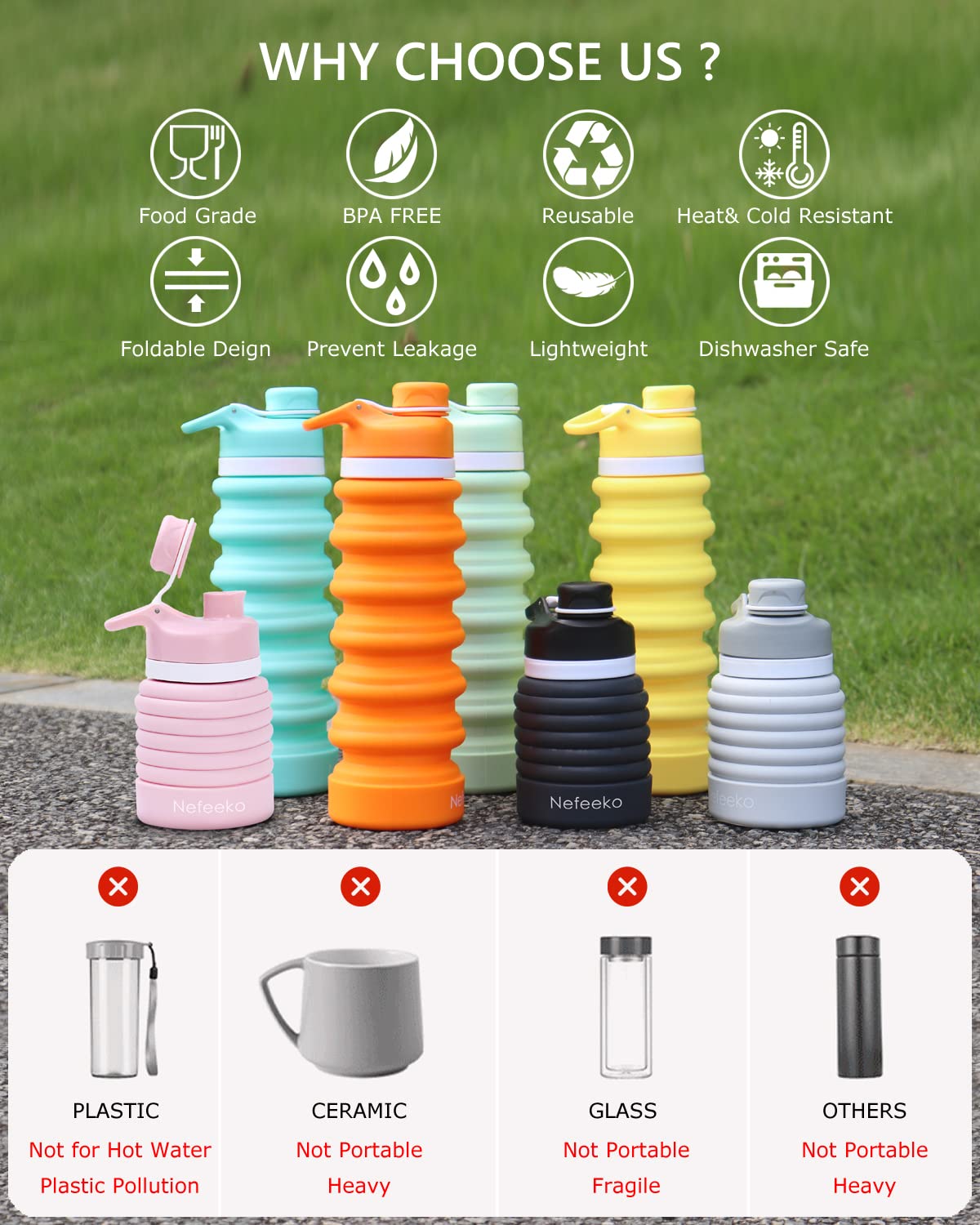 Nefeeko Collapsible Water Bottle, 26oz Silicone Foldable Water Bottles Leakproof BPA Free Travel Water Bottles with Carabiner, Portable Sport Water Bottles for Camping,Hiking Outdoor Indoor Sport