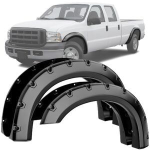 ledkingdomus fender flares kit compatible for 1999-2007 ford f-250 / f-350 / f-450 super duty, uv protected dura-flex material smooth black finish front rear fenders pocket rivet style 4pcs