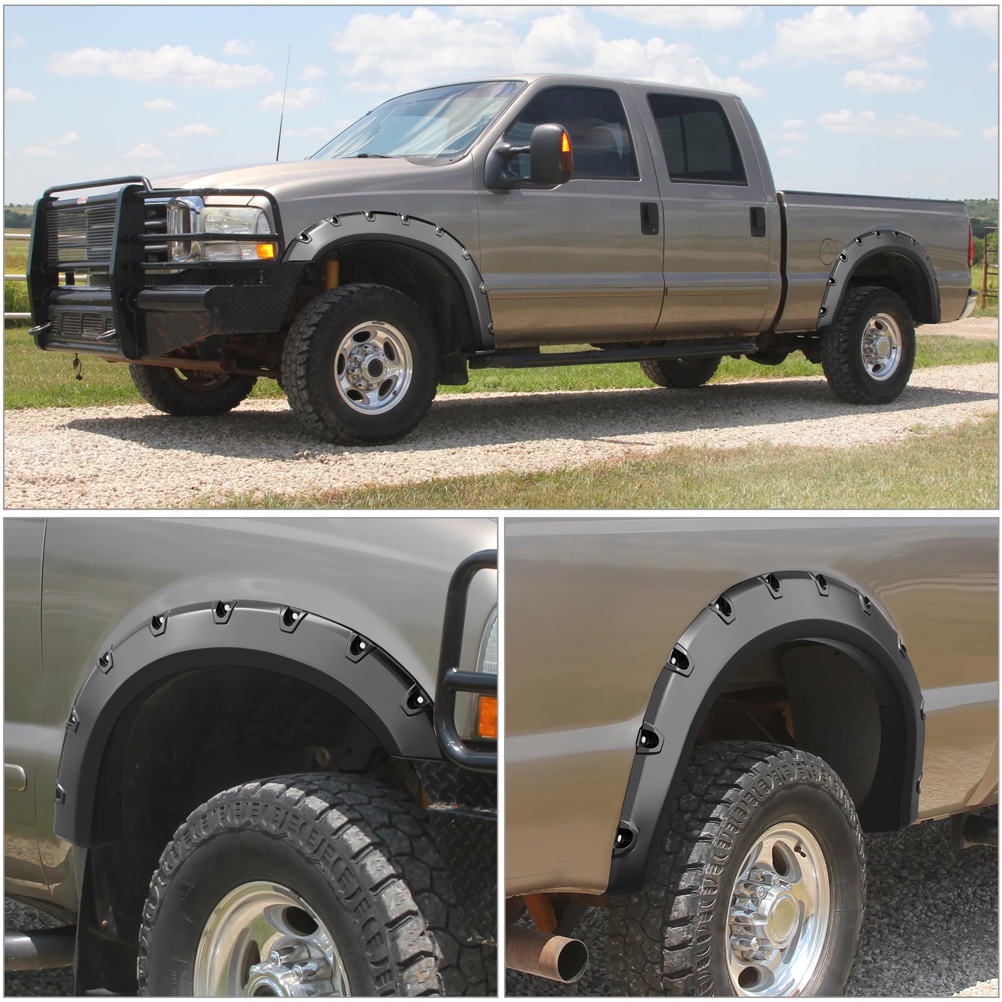 LEDKINGDOMUS Fender Flares Kit Compatible for 1999-2007 Ford F-250 / F-350 / F-450 Super Duty, UV Protected Dura-Flex Material Smooth Black Finish Front Rear Fenders Pocket Rivet Style 4pcs