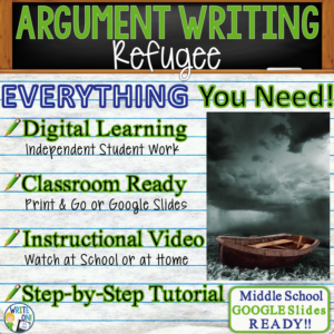 text dependent analysis argument writing - refugee by alan gratz distance learning, in class, independent instruction, instructional video, ppt, worksheets, rubric, graphic organizer, google slides