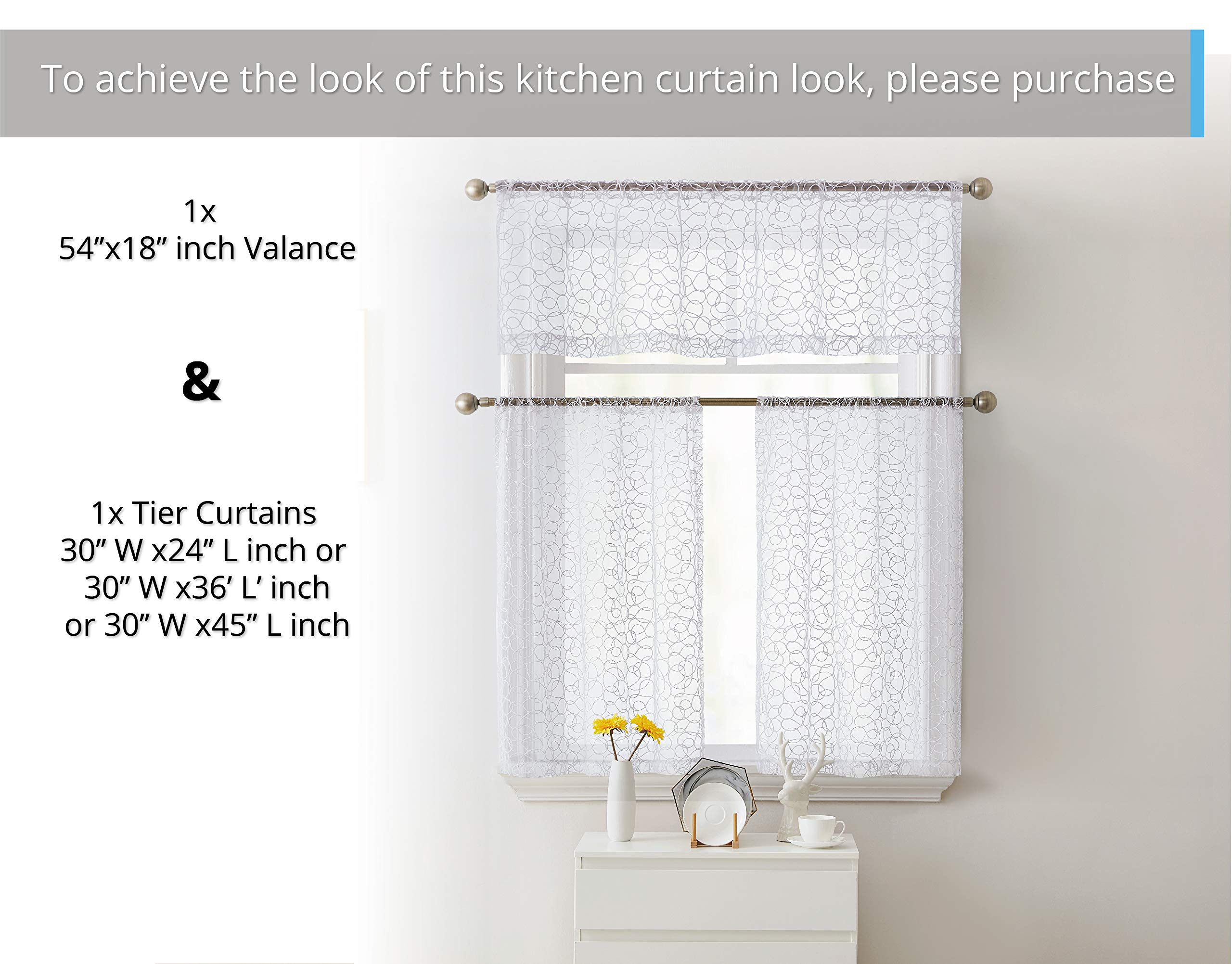 HLC.ME Audrey Embroidered Sheer Voile Window Curtain Short Rod Pocket Tiers for Kitchen, Bedroom, Small Windows and Bathroom (30 x 24 inch Long, White)