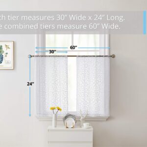 HLC.ME Audrey Embroidered Sheer Voile Window Curtain Short Rod Pocket Tiers for Kitchen, Bedroom, Small Windows and Bathroom (30 x 24 inch Long, White)