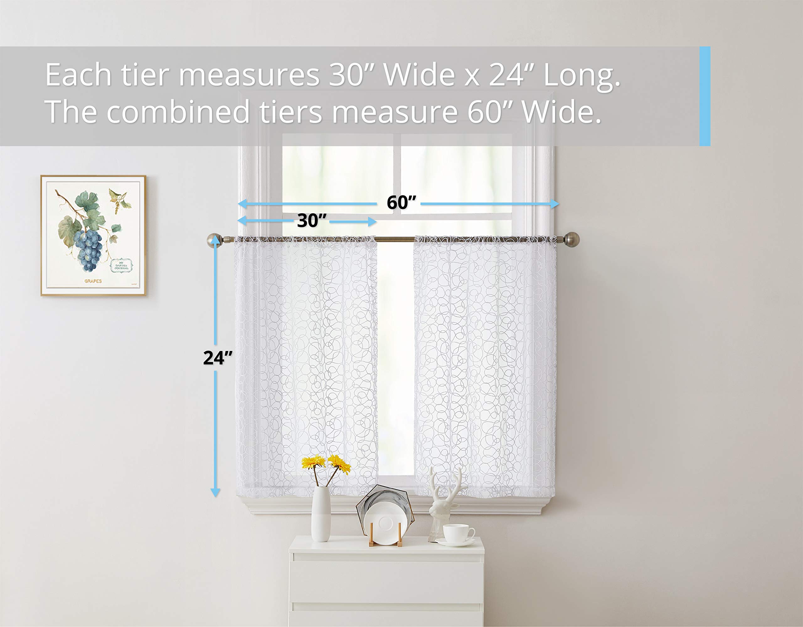 HLC.ME Audrey Embroidered Sheer Voile Window Curtain Short Rod Pocket Tiers for Kitchen, Bedroom, Small Windows and Bathroom (30 x 24 inch Long, White)