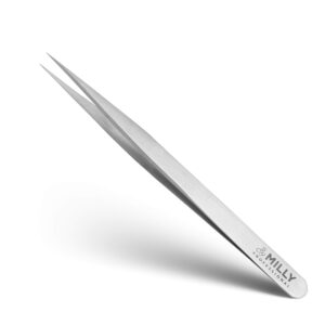 by milly professional series - eyelash extension tweezers - straight lash tweezers for classic pickup and isolation - precision pointed tip - titanium coated stainless steel - 12 cm (4.72 inches)