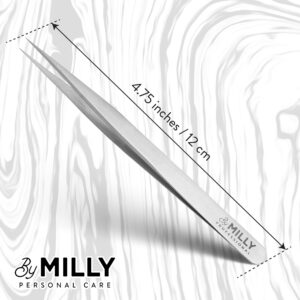 By MILLY Professional Series - Eyelash Extension Tweezers - Straight Lash Tweezers for Classic Pickup and Isolation - Precision Pointed Tip - Titanium Coated Stainless Steel - 12 cm (4.72 inches)