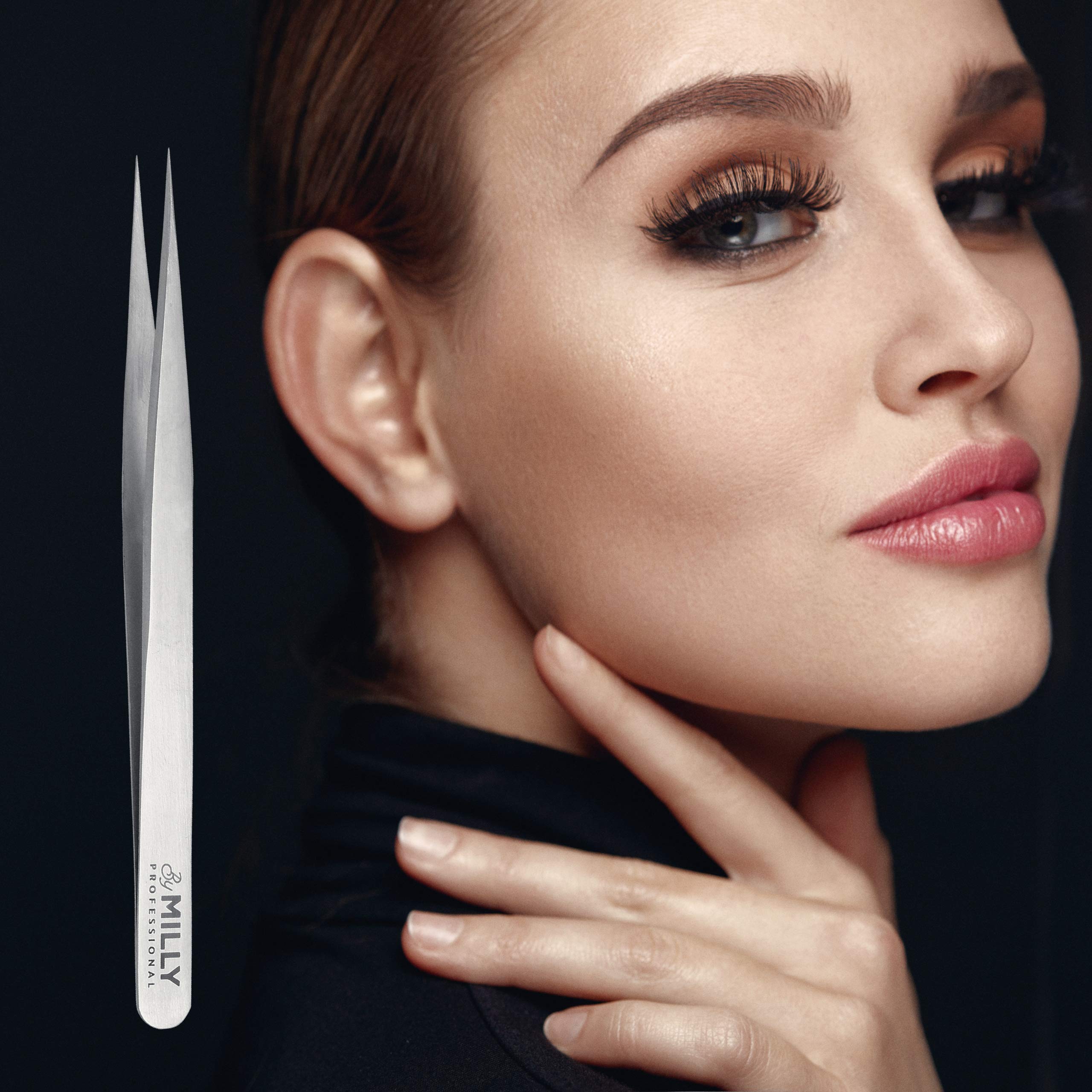 By MILLY Professional Series - Eyelash Extension Tweezers - Straight Lash Tweezers for Classic Pickup and Isolation - Precision Pointed Tip - Titanium Coated Stainless Steel - 12 cm (4.72 inches)