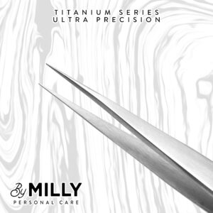 By MILLY Professional Series - Eyelash Extension Tweezers - Straight Lash Tweezers for Classic Pickup and Isolation - Precision Pointed Tip - Titanium Coated Stainless Steel - 12 cm (4.72 inches)