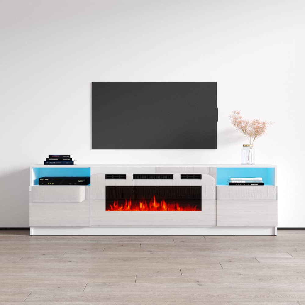 York WH02 Fireplace TV Stand for TVs up to 90", Modern High Gloss 79" Entertainment Center, Electric Fireplace TV Media Console with Storage Cabinets and LED Lights