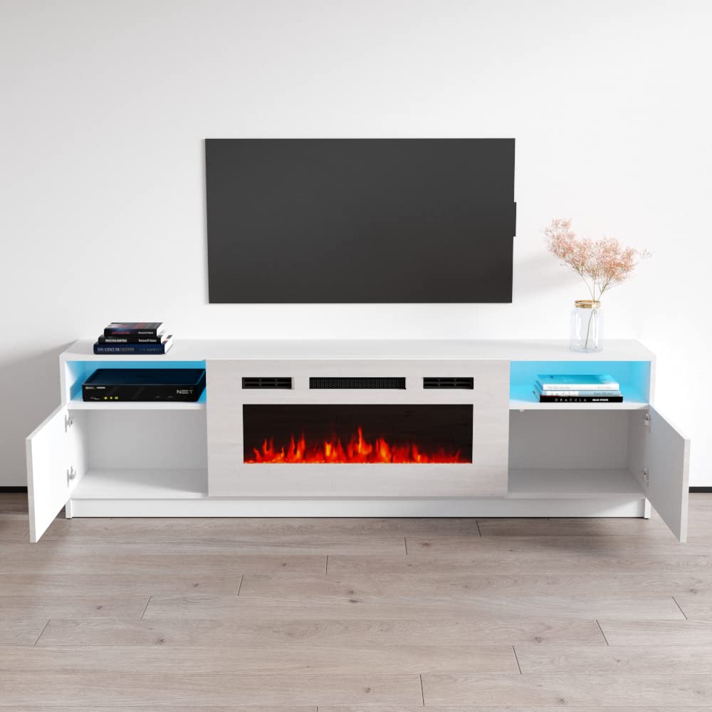 York WH02 Fireplace TV Stand for TVs up to 90", Modern High Gloss 79" Entertainment Center, Electric Fireplace TV Media Console with Storage Cabinets and LED Lights