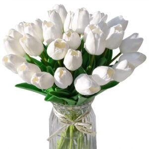 Nubry 30pcs Artificial Tulip Flowers Fake Real Touch Tulips Flower Bouquet for Wedding Arrangements Centerpieces Home Decoration (White)