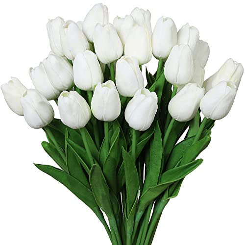 Nubry 30pcs Artificial Tulip Flowers Fake Real Touch Tulips Flower Bouquet for Wedding Arrangements Centerpieces Home Decoration (White)