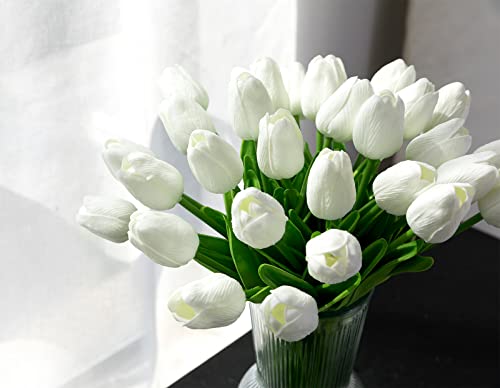 Nubry 30pcs Artificial Tulip Flowers Fake Real Touch Tulips Flower Bouquet for Wedding Arrangements Centerpieces Home Decoration (White)