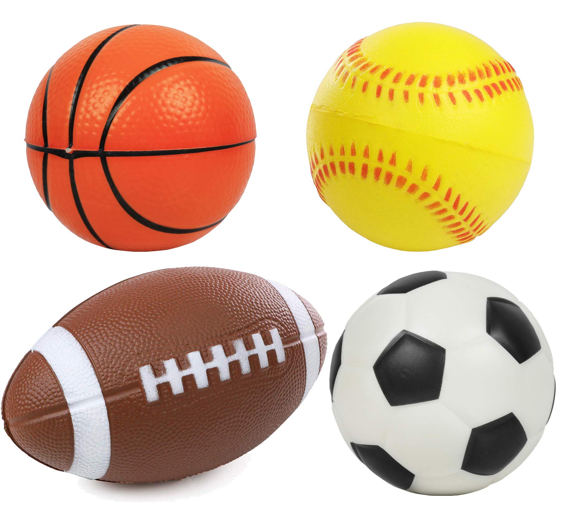 Kiddie Play Set of 4 Balls for Toddlers 4" Soft Soccer Ball, Baseball, Basketball, and 6" Football for Kids