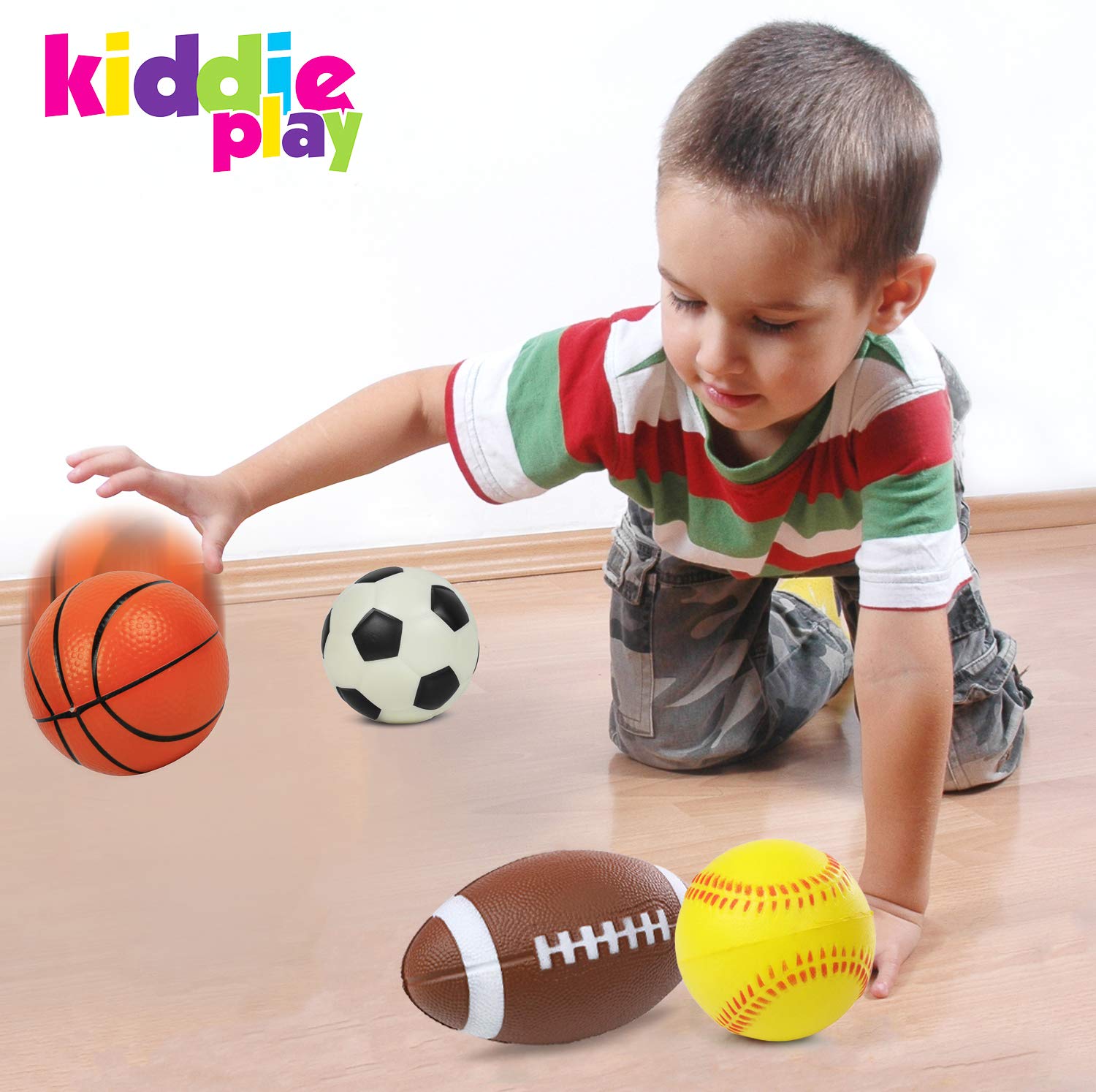 Kiddie Play Set of 4 Balls for Toddlers 4" Soft Soccer Ball, Baseball, Basketball, and 6" Football for Kids