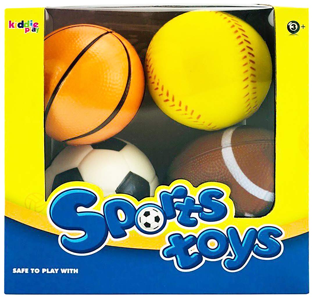 Kiddie Play Set of 4 Balls for Toddlers 4" Soft Soccer Ball, Baseball, Basketball, and 6" Football for Kids