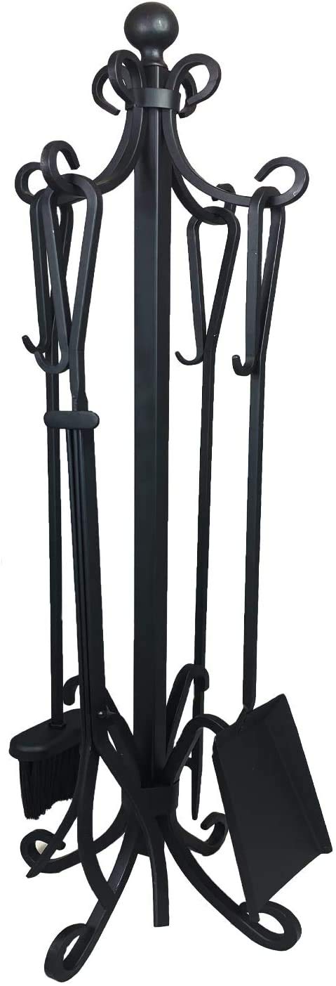 Fireplace Toolset – 5 Piece Fireplace Toolset – Strong Cast Iron Toolset – Accessories include Tong, Shovel, Base, Poker and Brush – Sturdy well balanced Stand to hold all Tools and Accessories