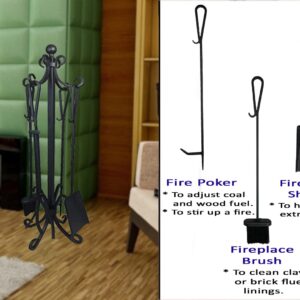 Fireplace Toolset – 5 Piece Fireplace Toolset – Strong Cast Iron Toolset – Accessories include Tong, Shovel, Base, Poker and Brush – Sturdy well balanced Stand to hold all Tools and Accessories