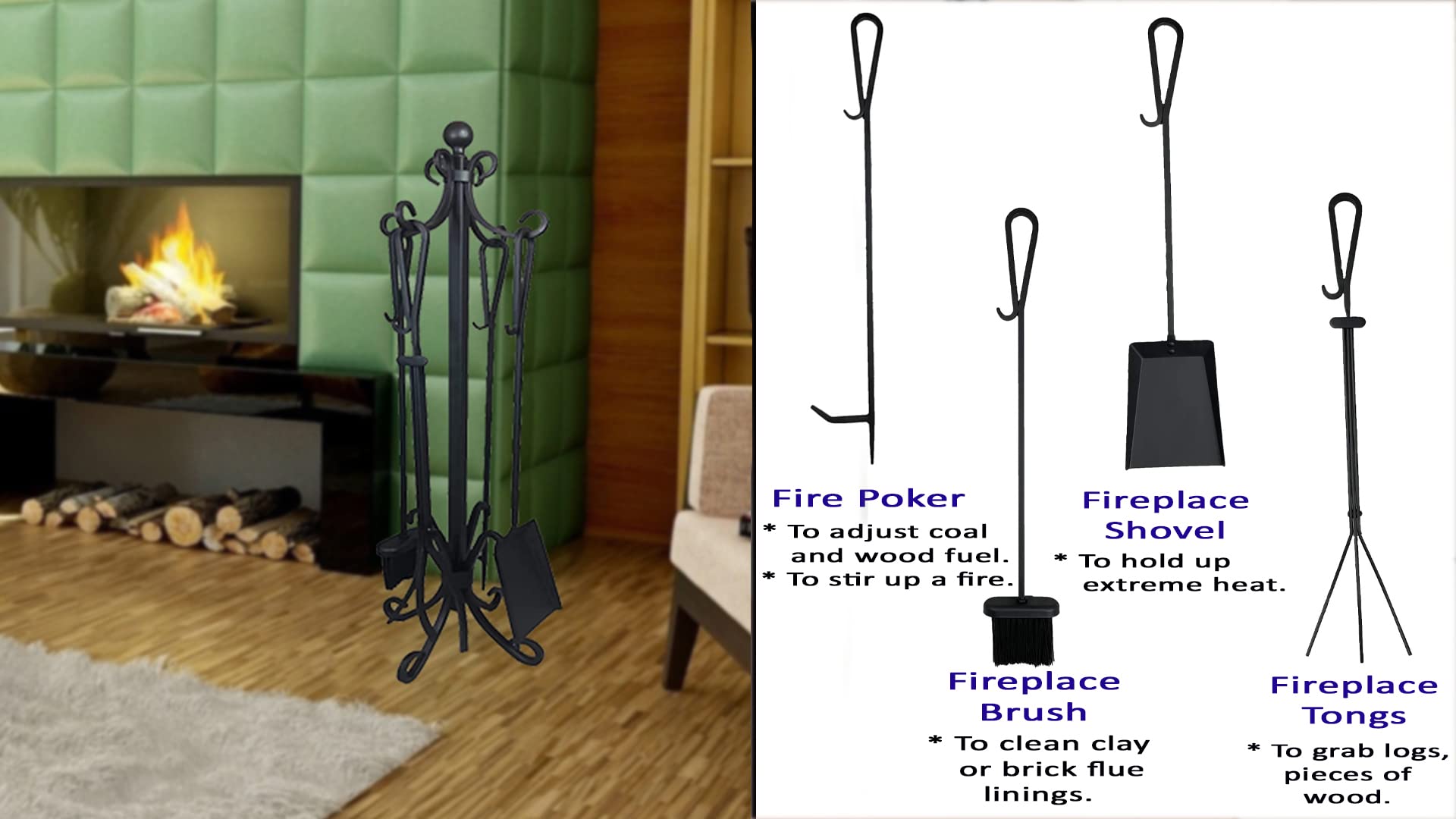 Fireplace Toolset – 5 Piece Fireplace Toolset – Strong Cast Iron Toolset – Accessories include Tong, Shovel, Base, Poker and Brush – Sturdy well balanced Stand to hold all Tools and Accessories