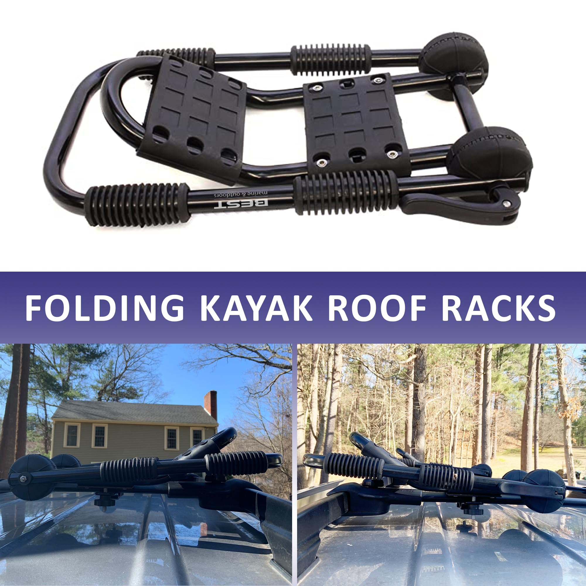 Best Marine and Outdoors Folding Kayak Roof Rack Carrier for Car, Truck & SUV, 2 Foldable J Racks for Kayaks & SUP Paddle Boards, Universal Crossbar Mount, Rooftop Kayaking Accessories