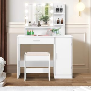 usikey makeup vanity desk for valentine's day, vanity desk set with 1 drawer, 1 cabinet & 3 shelves, makeup vanity table with stool for bedroom, 3 lighting modes & brightness adjustable, white