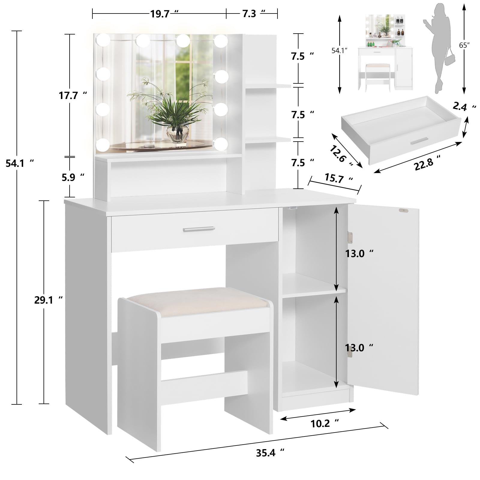 usikey Makeup Vanity Desk for Valentine's Day, Vanity Desk Set with 1 Drawer, 1 Cabinet & 3 Shelves, Makeup Vanity Table with Stool for Bedroom, 3 Lighting Modes & Brightness Adjustable, White