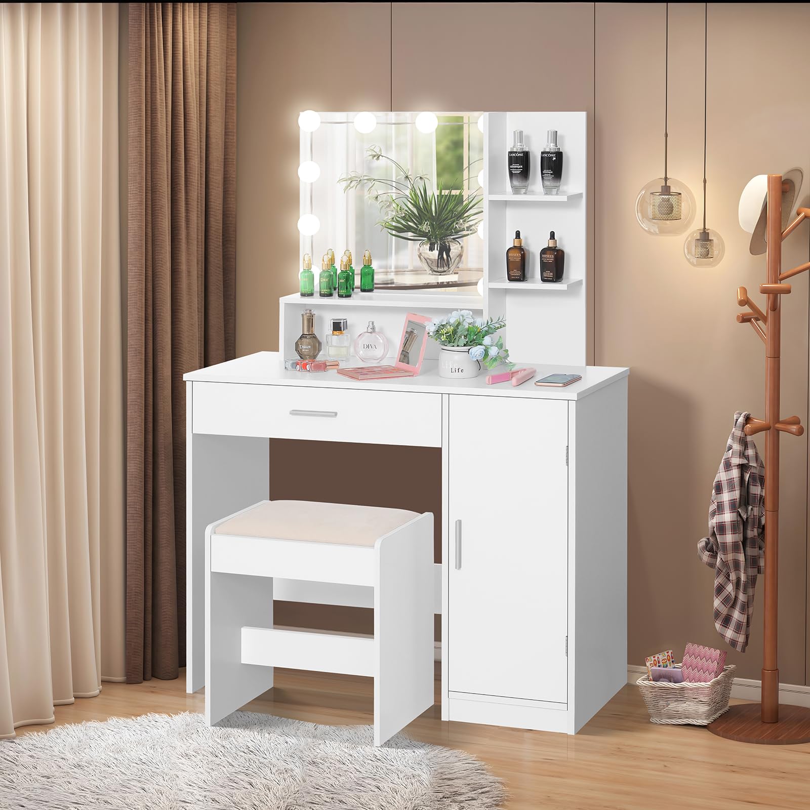 usikey Makeup Vanity Desk for Valentine's Day, Vanity Desk Set with 1 Drawer, 1 Cabinet & 3 Shelves, Makeup Vanity Table with Stool for Bedroom, 3 Lighting Modes & Brightness Adjustable, White