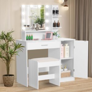 usikey Makeup Vanity Desk for Valentine's Day, Vanity Desk Set with 1 Drawer, 1 Cabinet & 3 Shelves, Makeup Vanity Table with Stool for Bedroom, 3 Lighting Modes & Brightness Adjustable, White