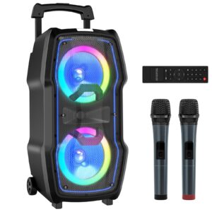 vegue karaoke machine, wireless bluetooth pa system for adults & kids with dual 8'' subwoofers, 2 uhf wireless mics, colorful led lights, ideal for home karaoke, party, stage performance (vs-0808)