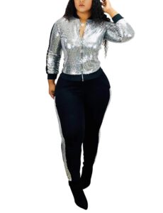 siaeamrg women 2 piece glitter sequin outfits tracksuit, long sleeve jacket tops bodycon long pants sparkle sweatsuit club wear (silver, l)