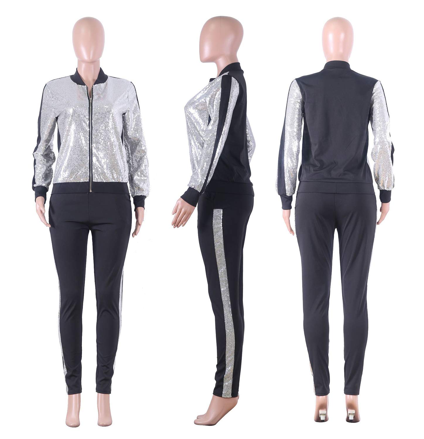 SIAEAMRG Women 2 Piece Glitter Sequin Outfits Tracksuit, Long Sleeve Jacket Tops Bodycon Long Pants Sparkle Sweatsuit Club Wear (Silver, L)