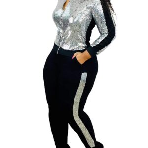 SIAEAMRG Women 2 Piece Glitter Sequin Outfits Tracksuit, Long Sleeve Jacket Tops Bodycon Long Pants Sparkle Sweatsuit Club Wear (Silver, L)