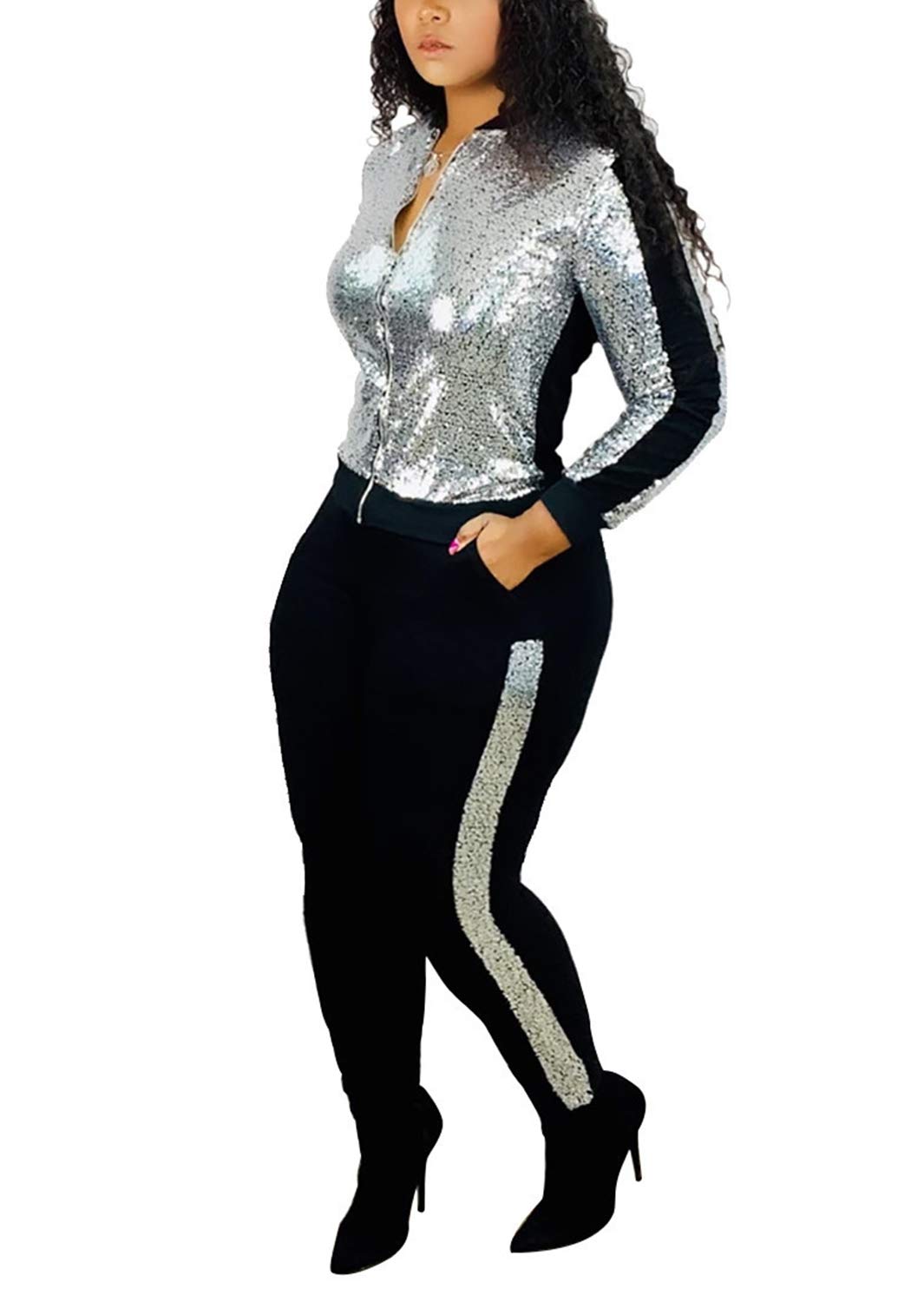 SIAEAMRG Women 2 Piece Glitter Sequin Outfits Tracksuit, Long Sleeve Jacket Tops Bodycon Long Pants Sparkle Sweatsuit Club Wear (Silver, L)