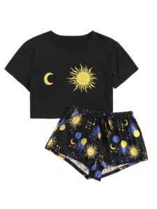 sweatyrocks women's cute graphic print short sleeve crop top with shorts pajama set black l