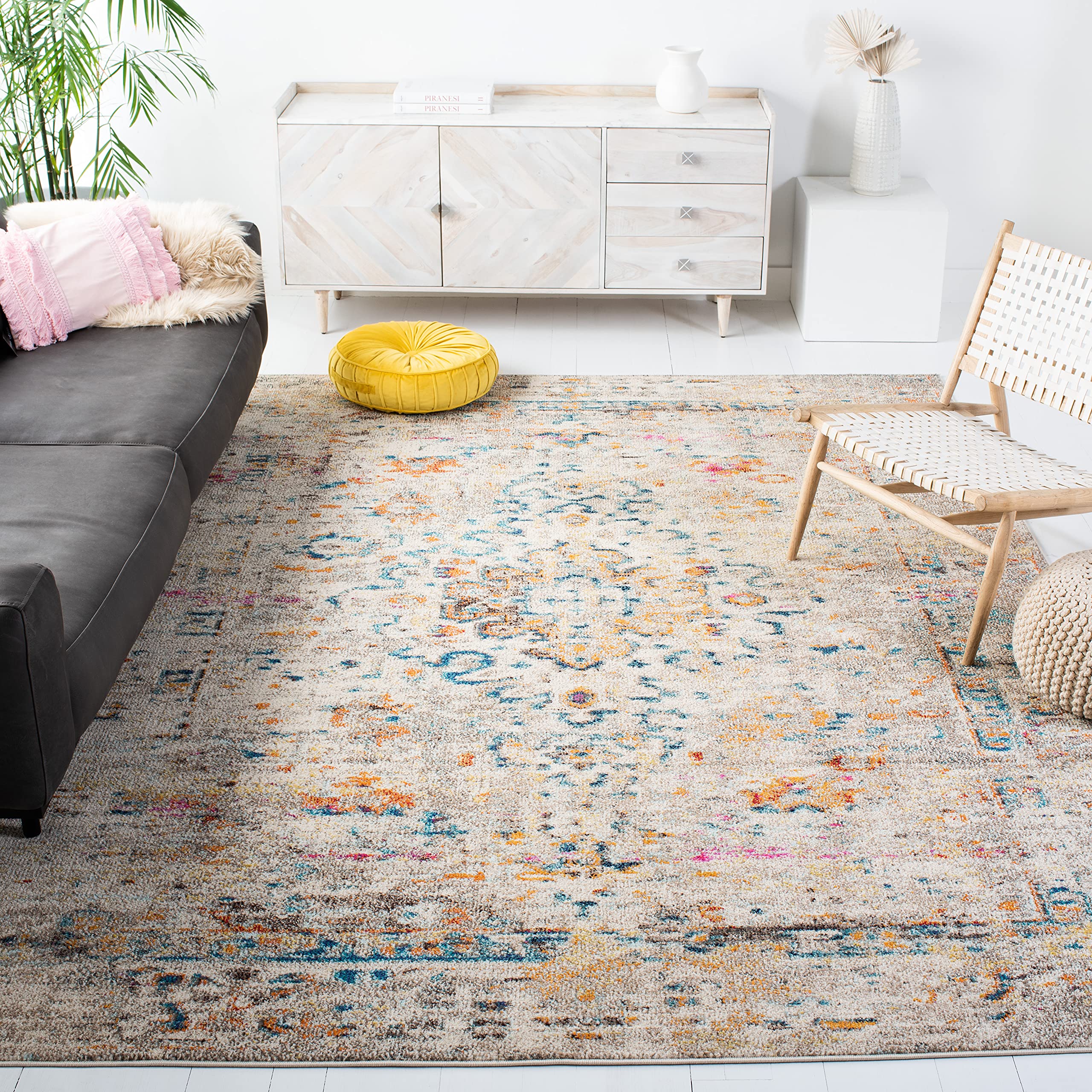 SAFAVIEH Madison Collection Area Rug - 5'3" x 7'6", Grey & Gold, Boho Distressed Medallion Design, Non-Shedding & Easy Care, Ideal for High Traffic Areas in Living Room, Bedroom (MAD474F)