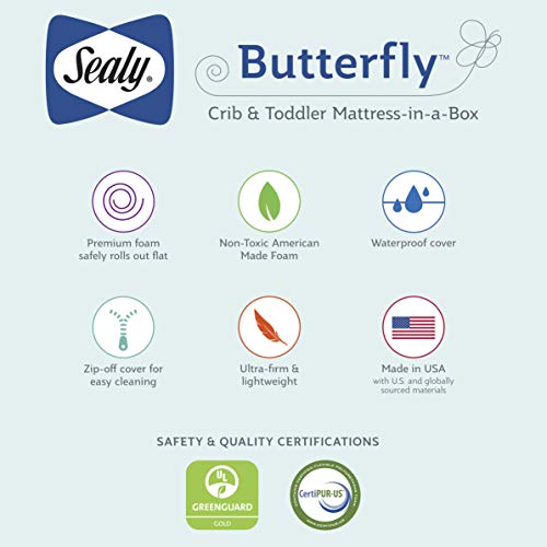 Sealy Butterfly Breathable Premium Foam Baby Crib Mattress & Toddler Bed Mattress, Washable Cover, Waterproof Crib Mattress, American Foam GREENGUARD GOLD Certified for Safety, Made in USA, 52"x28"