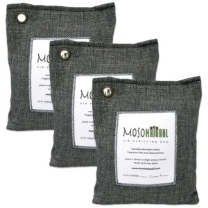 moso natural air purifying bag 200g (7.05oz) 3 pack. a scent free odor eliminator for cars, closets, bathrooms, pet areas. premium moso bamboo charcoal odor absorber. two year lifespan (charcoal grey)