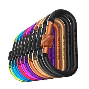 carago carabiner clips with screw gate, 10 pack carabiners hiking clips with 7.5mm diameter aluminum rod (10 colors)