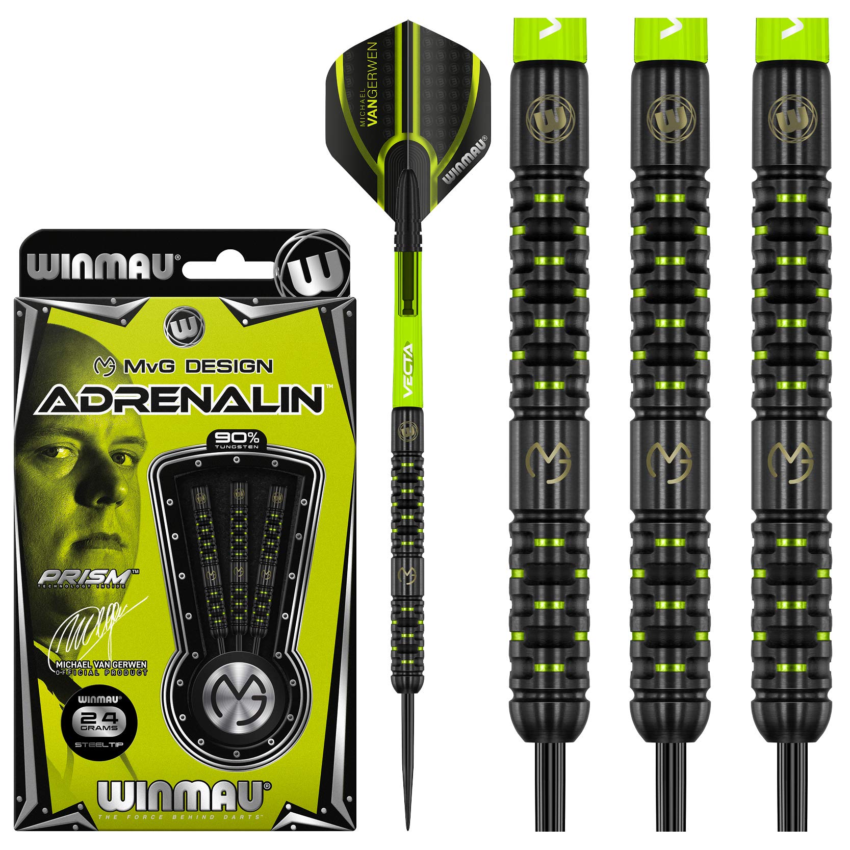 WINMAU Michael Van Gerwen MvG Adrenalin 24 Gram Tungsten Darts Set with Flights and Stems (Shafts)