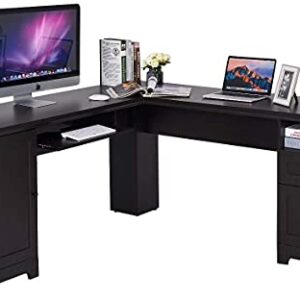 GOFLAME 66 Inch L-Shaped Computer Desk, Spacious Corner Desk w/Drawers, Cabinet & Keyboard Tray, Executive Office Desk, Study Gaming Workstation for Home Office (Black)