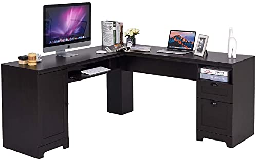 GOFLAME 66 Inch L-Shaped Computer Desk, Spacious Corner Desk w/Drawers, Cabinet & Keyboard Tray, Executive Office Desk, Study Gaming Workstation for Home Office (Black)