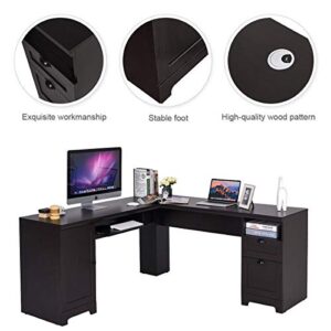 GOFLAME 66 Inch L-Shaped Computer Desk, Spacious Corner Desk w/Drawers, Cabinet & Keyboard Tray, Executive Office Desk, Study Gaming Workstation for Home Office (Black)