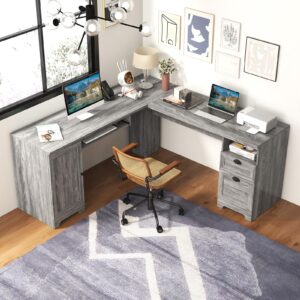 GOFLAME 66 Inch L-Shaped Computer Desk, Spacious Corner Desk w/Drawers, Cabinet & Keyboard Tray, Executive Office Desk, Study Gaming Workstation for Home Office (Gray)