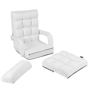 GOFLAME Adjustable Folding Lazy Sofa, Floor Chair Sofa, Padded Gaming Chair with Armrests and Pillow, Lounger Bed for Home & Office (White)