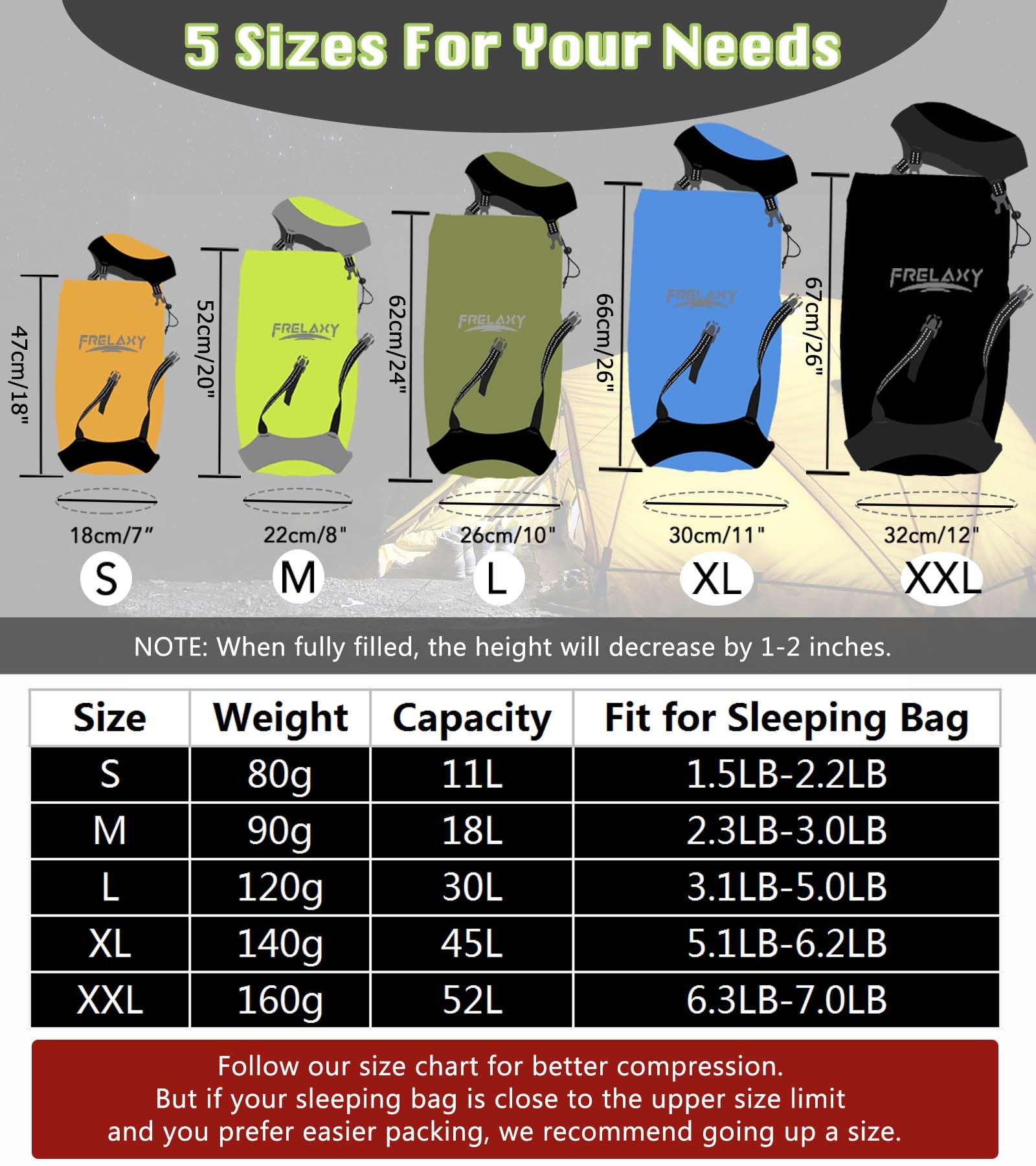 Frelaxy Compression Sack, 40% More Storage! 11L/18L/30L/45L Compression Stuff Sack, Water-Resistant & Ultralight Sleeping Bag Stuff Sack - Space Saving Gear for Camping, Traveling, Backpacking