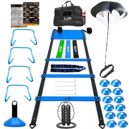 MLCINI Agility Ladder 1 Agility Training Equipment 1 Resistance Parachute 4 Adjustable Hurdles 12 Disc Cones 1 Jump Rope 3 Resistance Band 1 Yoga Band Agility Speed Training Equipment for Youth&Adults